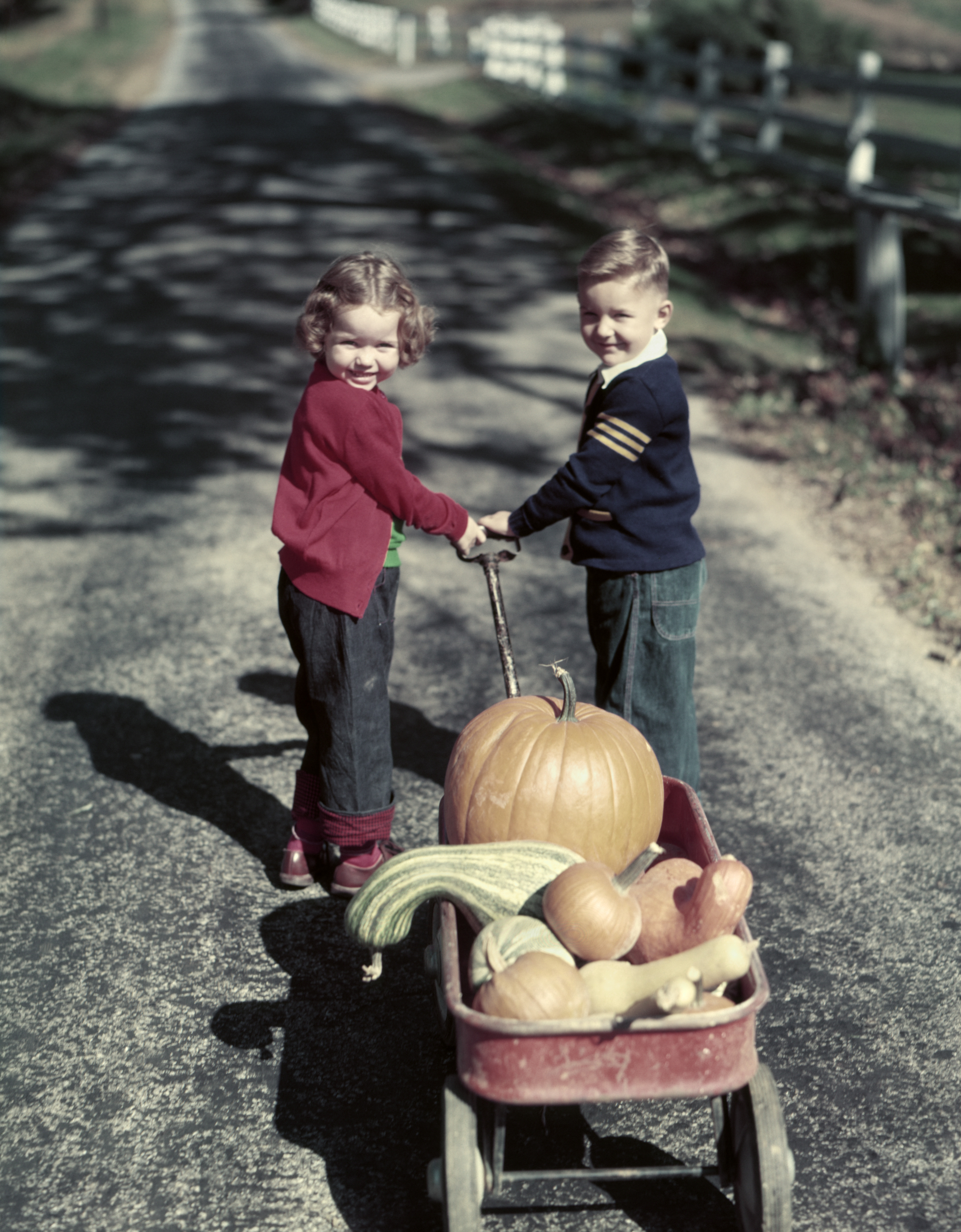 1950s-kids-in-blue-jeans-pulling-red-wagon-full-of-pumpkins-2 ...